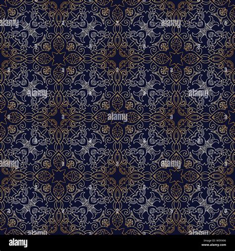 Medieval Floral Seamless Pattern In Damask Style For Design Gold Ornament On Dark Background