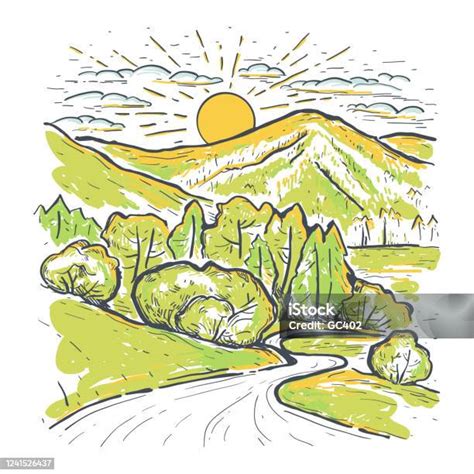 산과 무성한 녹색 초원이있는 계곡의 일몰 손으로 그린 컬러 스케치 벡터 일러스트레이션 산으로 가는 곡선 도로 0명에 대한 스톡 벡터 아트 및 기타 이미지 Istock