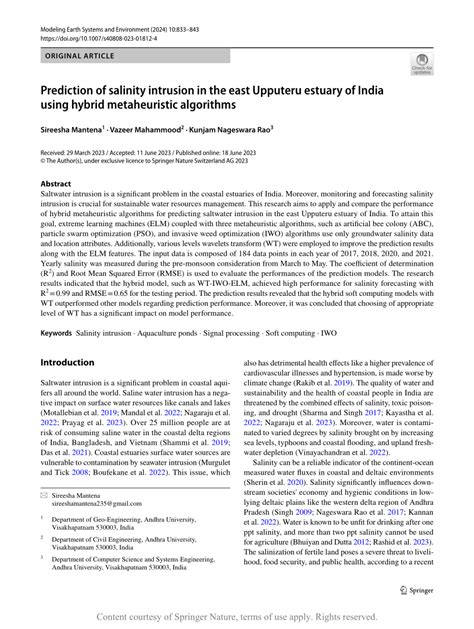 Prediction Of Salinity Intrusion In The East Upputeru Estuary Of India Using Hybrid