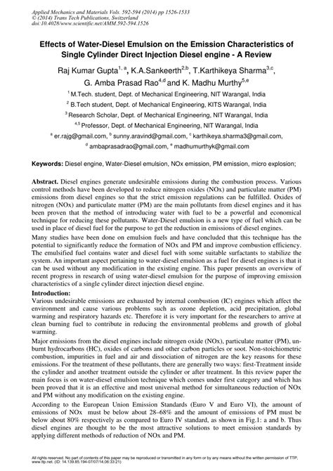 Pdf Effects Of Water Diesel Emulsion On The Emission Characteristics Of Single Cylinder Direct