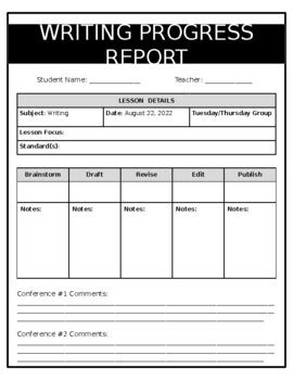 Writing Progress Report EDITABLE By Guilianna McGinniss TPT