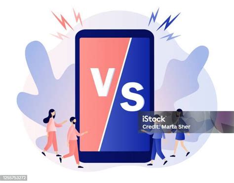 스마트폰 화면에서 Vs 전투 표지판 문자 대 두 사람 또는 제품 간의 경쟁 현대 플랫 만화 스타일 흰색 배경의 벡터 그림 개념에