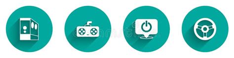 Set Case Of Computer Game Controller Or Joystick Power Button And Racing Simulator Icon With