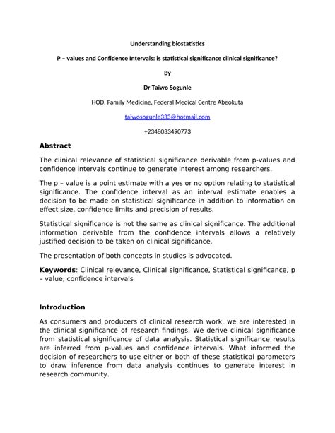 Pdf Understanding Biostatistics P Values And Confidence Intervals Is Statistical Significance