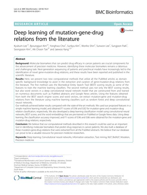 Pdf Deep Learning Of Mutation Gene Drug Relations From The Literature