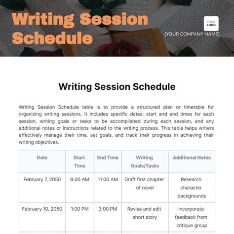 Free Writing Session Schedule Template To Edit Online