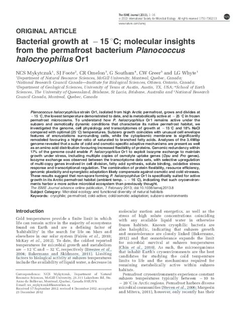 Pdf Bacterial Growth At 15 °c Molecular Insights From The Permafrost Bacterium Planococcus