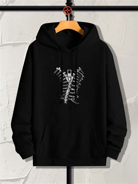 지퍼 스켈레톤 프린트 까마귀 남성용 후드 봄 가을용 캥거루 포켓이 있는 남성용 캐주얼 그래픽 디자인 풀오버 Temu