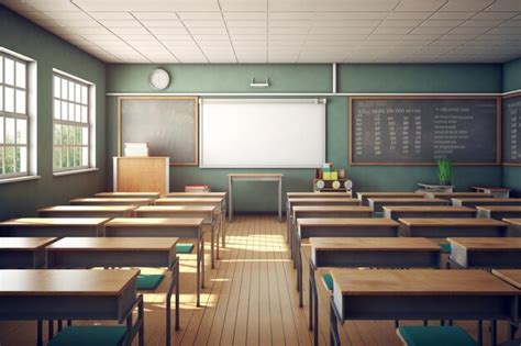 Premium Ai Image There Is A Classroom With Desks And A Projector Screen Generative Ai