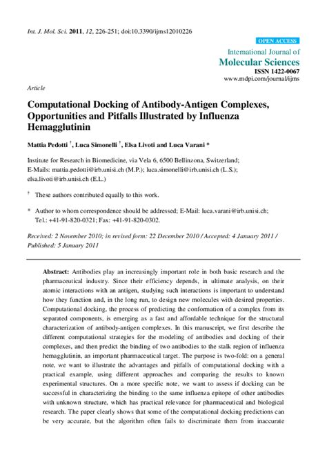 Pdf Computational Docking Of Antibody Antigen Complexes Opportunities And Pitfalls
