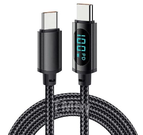 Купить кабель Type C Type С 5a 100Вт 1м в черной нейлоновой оплетке с Led дисплеем Rexant