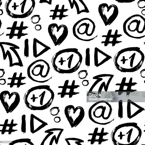 해시 태그 화살표 플러스 하나의 코멘트 재생 버튼 등 기호와 손으로 그린 소셜 미디어 원활한 패턴 잉크 그런지 스타일 벡터 벽지 공유 개념에 대한 스톡 벡터 아트 및 기타