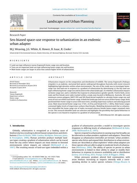 Pdf Sex Biased Space Use Response To Urbanization In An Endemic Urban