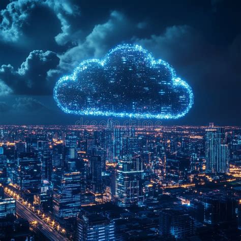 A Glowing Digital Cloud Icon Hovers Over A Modern Cityscape At Night Symbolizing Cloud