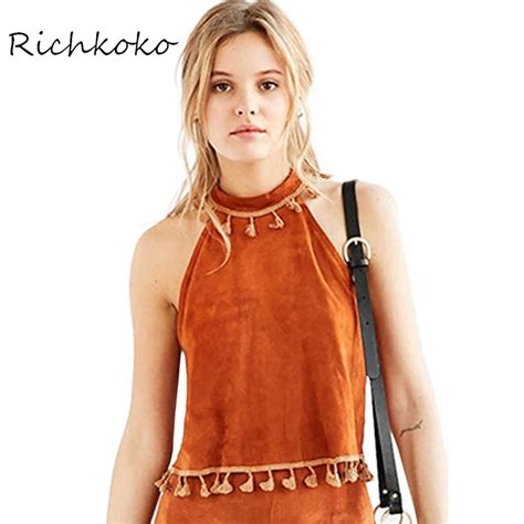 Richkoko 2017 Camel Sexy Sleeveless Chic Women Tops Casual Slim Tassel