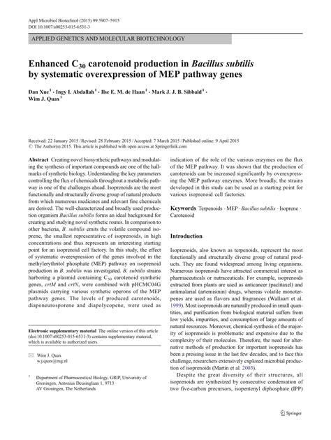 Pdf Enhanced C30 Carotenoid Production In Bacillus Subtilis By Systematic Overexpression Of