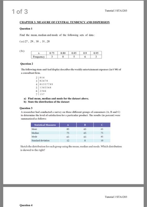 Solved 1 Of 3 Tutorial 3 STA1203 Question Find The Mean Chegg Com