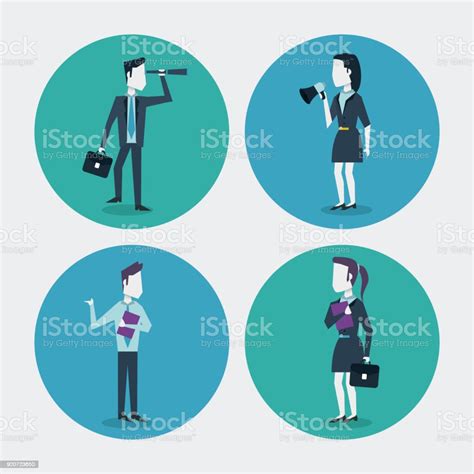 실업 및 단 안 폴더 확성기와 집행 서류 가방 사업가의 화려한 원 프레임으로 흰색 배경 경영자에 대한 스톡 벡터 아트 및 기타