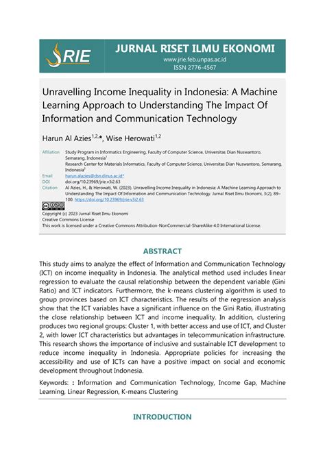 Pdf Unravelling Income Inequality In Indonesia A Machine Learning Approach To Understanding