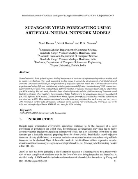 Sugarcane Yield Forecasting Using Pdf Agriculture Industries