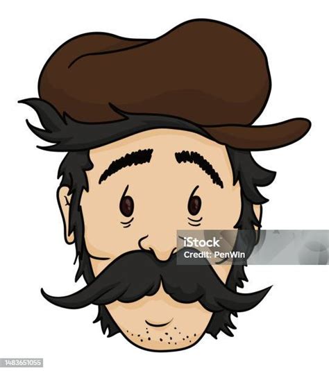 긴 콧수염 검은 머리와 모자를 쓴 성인 노동자 남자의 얼굴 벡터 일러스트레이션 모자 모자류에 대한 스톡 벡터 아트 및 기타 이미지 모자 모자류 힙스터 사람 가공의