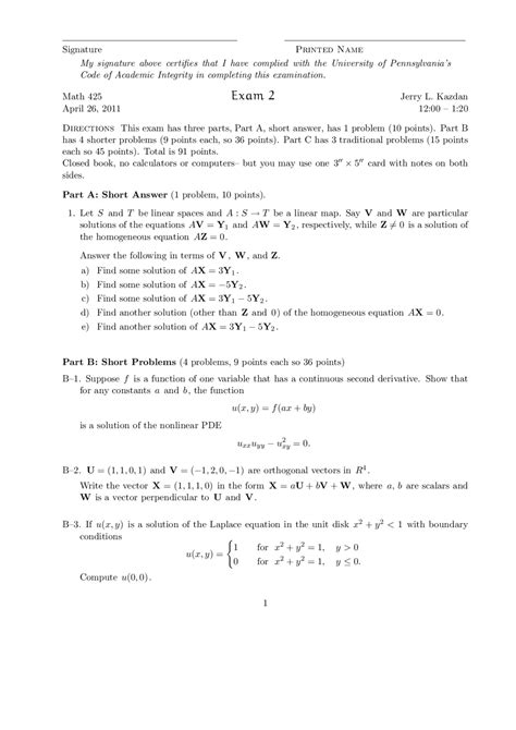 Solution Partial Differential Equations Exam Exams Differential Equations Docsity
