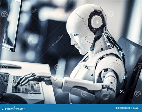 An Androgynous Robot Made Of White Plastic Is Typing Commands Into A