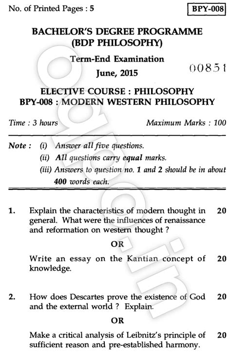 Ignou Bpy 008 Modern Western Philosophy Question Paper June 2015