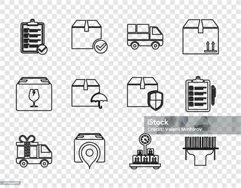 선물 스캐너 스캔 바코드 상자 위치 판지 배달 목록 확인 패키지 우산 규모 및 아이콘으로 라인 배달 트럭을 설정합니다 벡터 검은