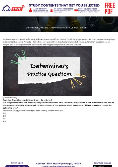 Determiners Questions 30 Difficulty Wise Mcqs With Solutions General