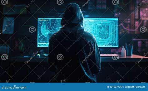 Cybersecurity Vigilance Hacker Silhouette Reflects Digital Threats Stock Illustration