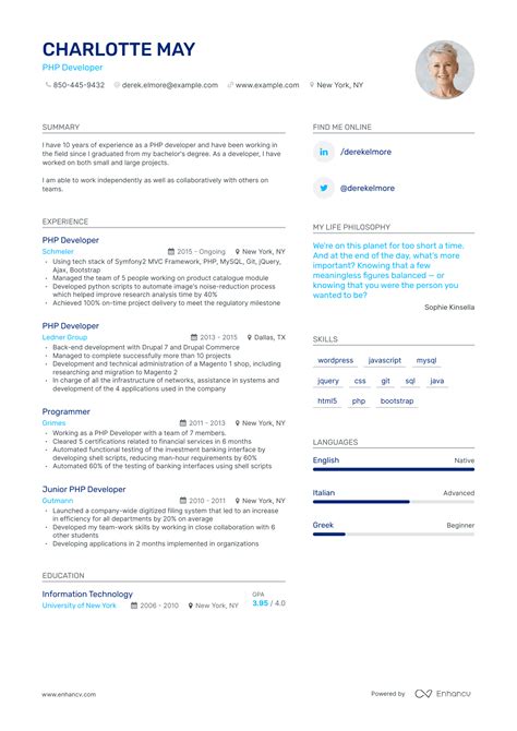 PHP Developer Resume Examples Inside How To Tips Enhancv Layout Skills Keywords Job