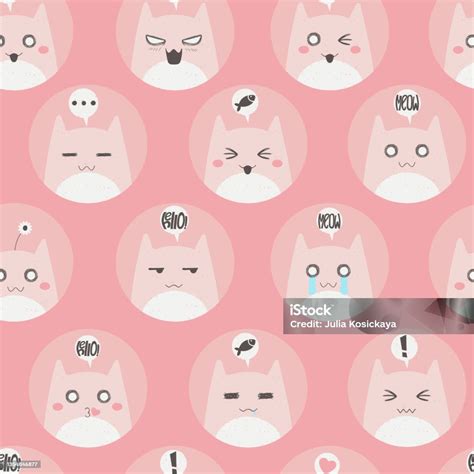 다른 감정을 가진 귀여운 다채로운 고양이와 매끄러운 패턴 손으로 그린 만화 새끼 고양이 캐릭터 벡터 반복 배경 심플한 플랫 스타일 디자인 0명에 대한 스톡 벡터 아트 및