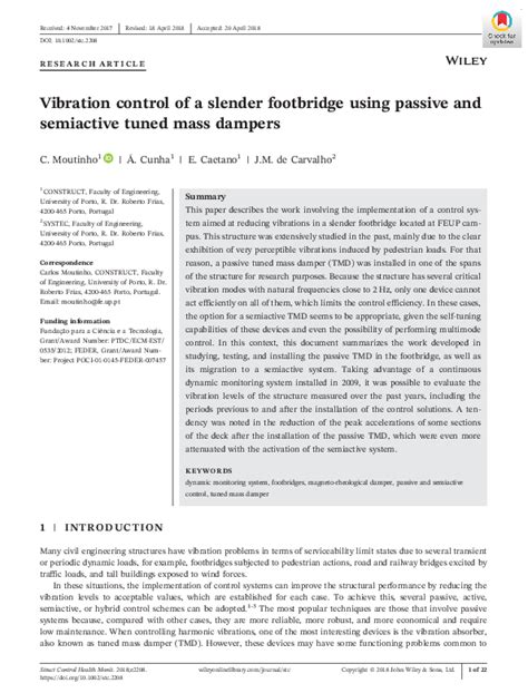 Pdf Vibration Control Of A Slender Footbridge Using Passive And Semiactive Tuned Mass Dampers