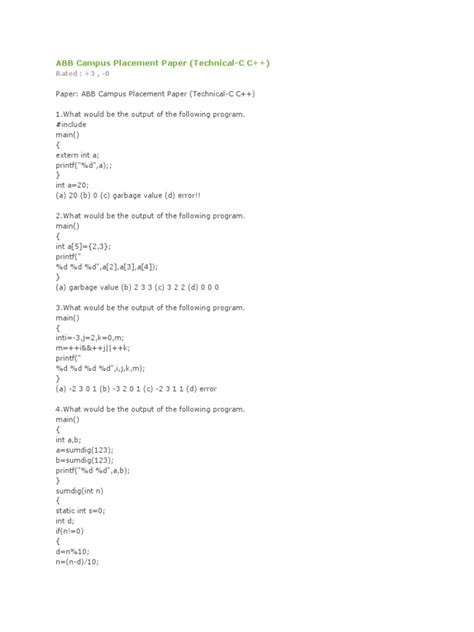 Abb Campus Placement Paper Technical C C Pdf Computer Engineering