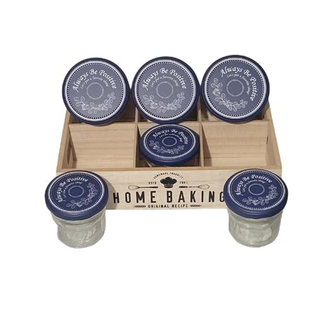 Комплект от 6 стъклени съда за подправки кръгли с капак 150 Ml и опора с 6 дървени отделения