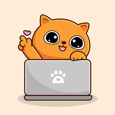 Orange Cat Kawaii Playing Laptop Cartoon Orange Pussy Cat Love Hand Vector 18862760 Vector Art