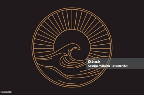 벡터 바다 풍경 일러스트 큰 파도와 태양 원에 로고와 여름 바다 로고에 대한 스톡 벡터 아트 및 기타 이미지 로고 해변 파도 Istock