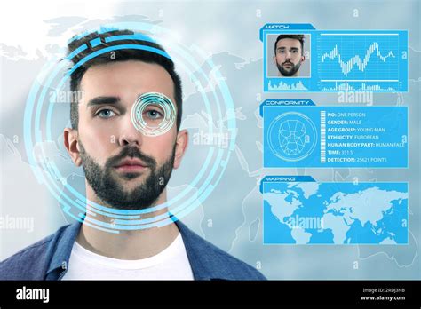 facial recognition system man scanned by iris and personal data