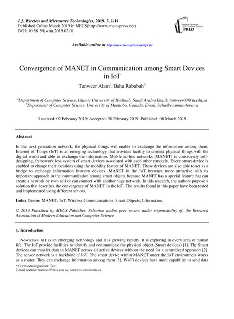 Convergence Of Manet In Communication Among Smart Devices In Iot