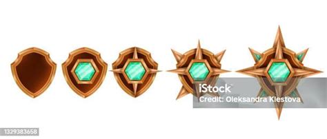 승리 게임 배지 세트 벡터 랭크 메달 트로피 키트 청동 방패 녹색 에메랄드 크리스탈 스타 로고에 대한 스톡 벡터 아트 및 기타