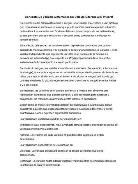 Concepto De Variable Matemática En Calculo Diferencial E Integral Pdf Integral Variable