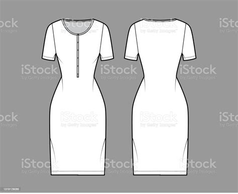 드레스 헨리 칼라 테크니컬 패션 일러스트와 반소매 몸에 맞는 무릎 길이 연필 스커트 플랫 프론트 0명에 대한 스톡 벡터 아트 및 기타 이미지 Istock
