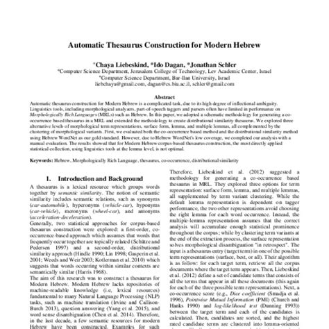 Automatic Thesaurus Construction For Modern Hebrew Acl Anthology