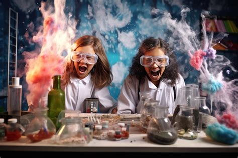 Premium Ai Image Excited School Girls During Chemistry Experiment Ai Generated