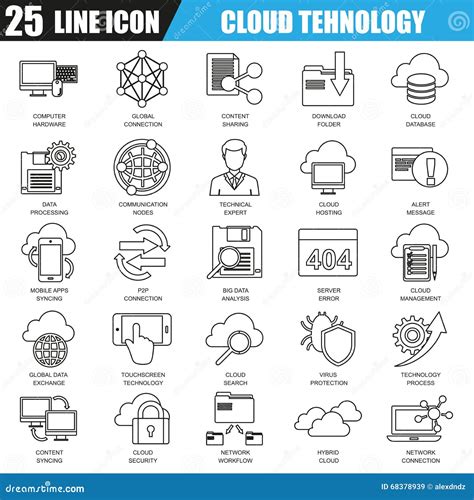 Thin Line Icons Set Of Cloud Data Technology Services Global Connection Stock Vector