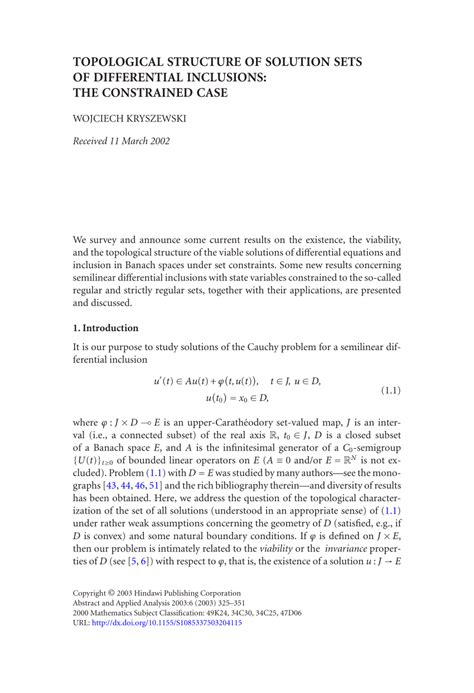Pdf Topological Structure Of Solution Sets Of Differential Inclusions The Constrained Case