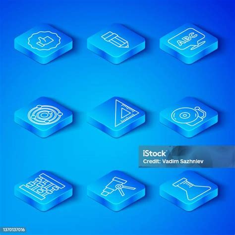 세트 라인 아바쿠스 삼각형 통치자 망원경 울리는 알람 벨 알파벳 태양계 손 엄지 손가락 및 테스트 튜브 플라스크 아이콘 벡터 3차원 형태에 대한 스톡 벡터 아트 및 기타