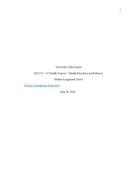 Hs 2711 Health Science Written Assignment Unit 4 University Of The People Hs 2711 01