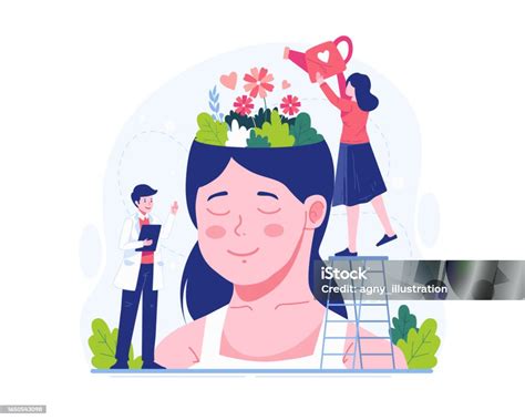 세계 정신 건강의 날 개념 그림입니다 거대한 여성의 머리에서 자라는 꽃에 물을 주는 여자 심리적 지원 건강한 마음 긍정적인 사고 정신 건강에 대한 스톡 벡터 아트 및 기타